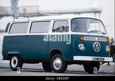 Classic iconic blue and white VW Volkswagen Camper van with lowered ...