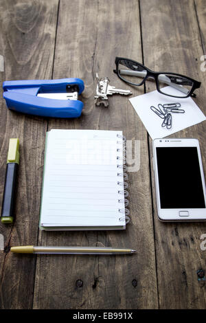 Different objects on wooden office desk. Modern wooden office desk ...