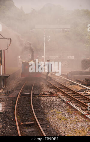 Steam engine train at a slate mine in South Wales in Great Britain in ...