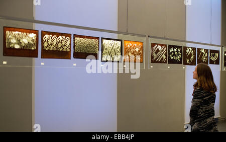 Dresden, Germany. 28th Nov, 2014. A woman looks at katagamis in the new ...