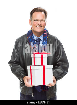 Handsome Man Wearing Black Leather Jacket and Holiday Scarf Holding ...