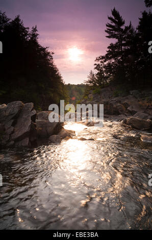 Sun setting over a river and trees in summer nature Stock Photo - Alamy