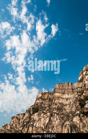 Epiclastic volcanic rock formations against a blue sky at Beacon Hill ...