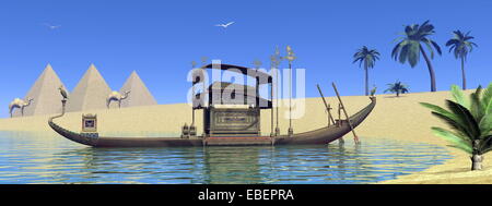 Egyptian sacred barge with throne floating on water near beach ...