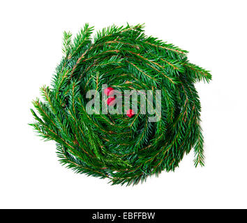 Christmas decorative wreath with holly berries, mistletoe, spruce fir ...