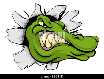 A cartoon alligator or crocodile smashing through a wall with claws and ...