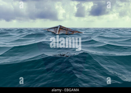A 40 foot shipping container floating at sea just below the surface ...