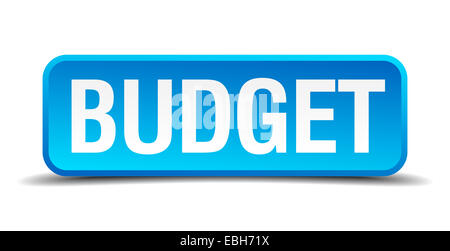 budget blue square 3d realistic isolated web button Stock Photo - Alamy