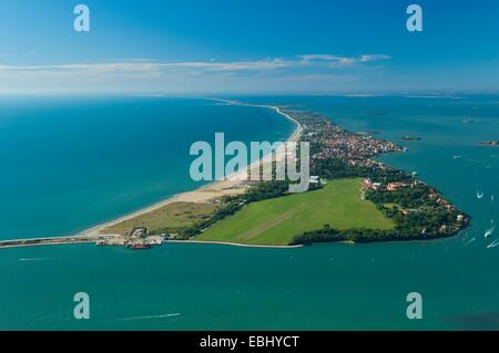 Aerial view of North Lido island at San Nicolo, Venice lagoon, Italy ...