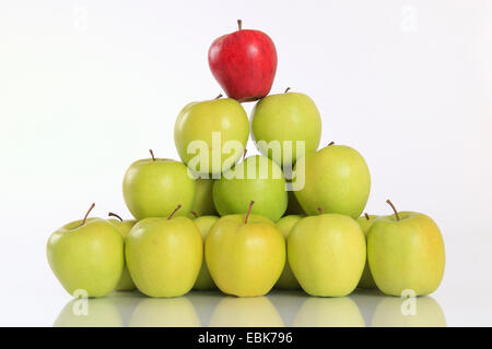 apple (Malus domestica), pyramid of green apples, at the top a red one ...