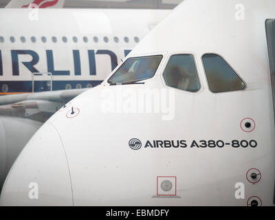 Airbus A380-800 front nose part in side view with cockpit windows Stock ...