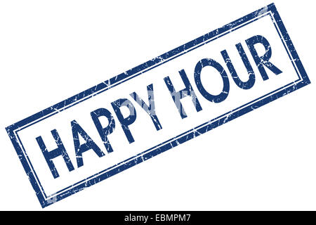 happy hour blue square grungy vintage isolated stamp Stock Photo - Alamy