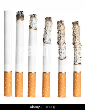Cigarettes during different stages of burn. Isolated on white Stock ...