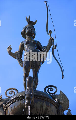 Luna sculpture on the Luna Fountain, 1530, against blue sky, market ...