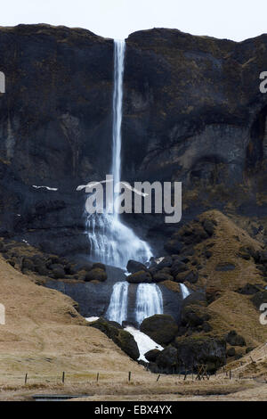 A large waterfall pouring down the cliffs below the Grand Teton into ...