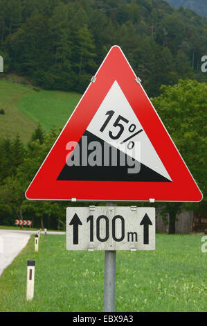 steep hill with a warning sign showing 18% grade ahead with mountains ...
