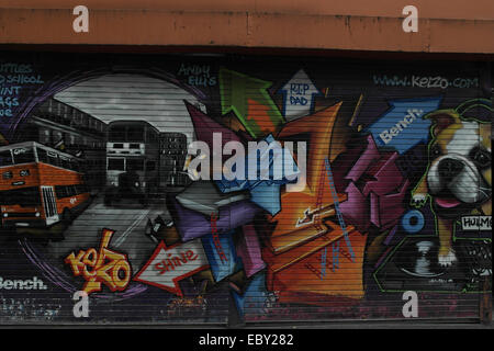 Colourful kELzO graffiti mural, bulldog, buses, 3D 'kELzO' lettering ...