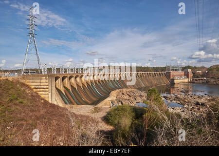 Hydroelectric dam or hydro power station at water reservoir, aerial ...