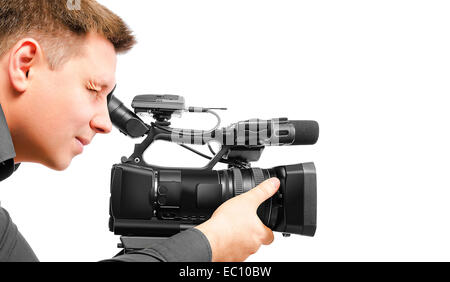 Video camera operator isolated on white background Stock Photo - Alamy