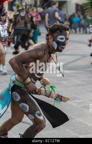 Concheros dancers performing a traditional dance and ceremony on dia de ...