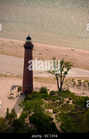 Aerial view of Little Sable Point Lighthouse at sunset over Lake ...
