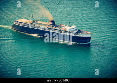 Aerial view of Lake Michigan Carferry, S.S. Badger entering the port of ...