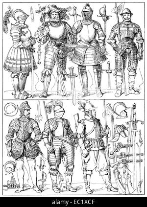 German knights in armor from 1300, 1315 and 1360. Hand-colored print ...