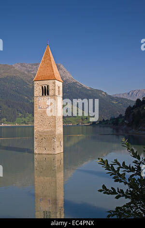 Church tower of Reschen in the Reschen reservoir, taken from the Stock ...