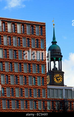 Tower of St Michaelis church and office buildings at Hamburg Harbour ...