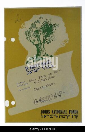 Jewish National Fund tree planting certificate given to a Dutch person ...