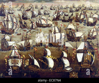 Painting depicting the Spanish fleet of ships during the Armada. Dated ...