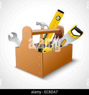 Decorative realistic wooden toolbox concept emblem poster with saw ...