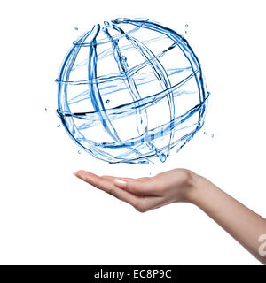 Globe from water with human hand isolated on white Stock Photo - Alamy
