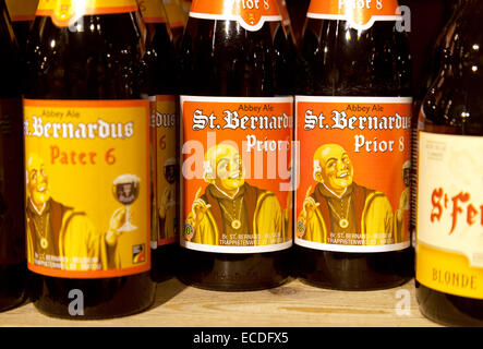 Belgian beer - Belgian trappist monk beers on a shelf in a shop, Bruges, Belgium Europe Stock ...
