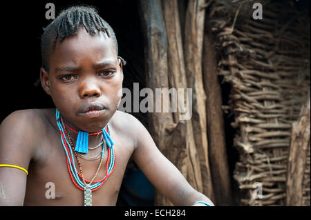 Key Afer Ethiopia Africa village Lower Omo Valley closeup of two Bena ...