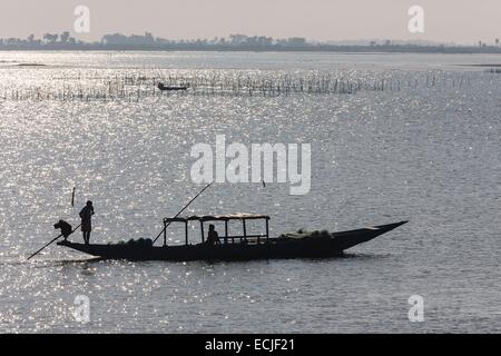 India, Odisha, Satapada, fishing boat and a fisherman setting nets on ...