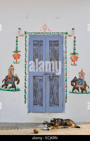India, Rajasthan, Pushkar, mural painting showing a swastika ...
