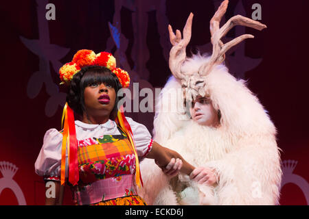 Helen Aluko as Belle and Vlach Ashton as Beast. Photocall for the ...
