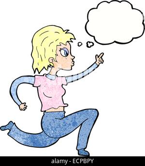 cartoon woman running and pointing with thought bubble Stock Vector ...