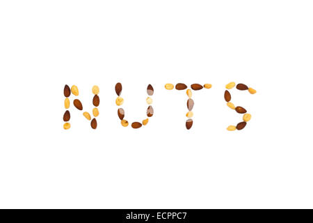The word 'Nuts' written with mixed nuts on an isolated white background ...