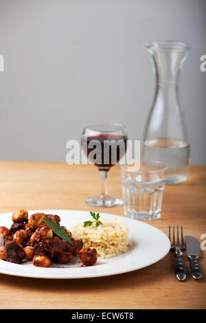 Traditional Greek rabbit stifado or stew at a taverna in Greece served ...