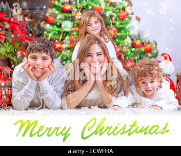 Merry Christmas card children kids Santa Claus pointing happy New Year ...