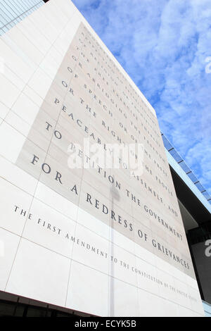 Facade of the Newseum in Washington, DC showing an inscription of the ...