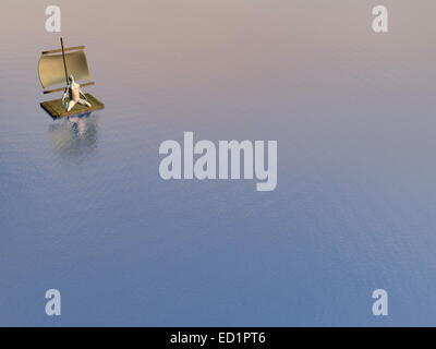 Hopeless man on raft lost in middle of the ocean, boat leaving away ...