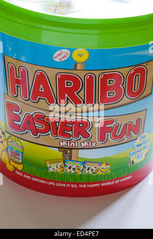 Tub of Haribo Easter Fun mini mix sweets set on white background ...