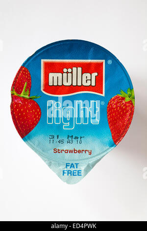 pot of Muller light strawberry fat free yogurt isolated on white ...