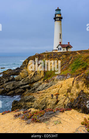 Pigeon Point Lighthouse historical building bathed in sunset light ...