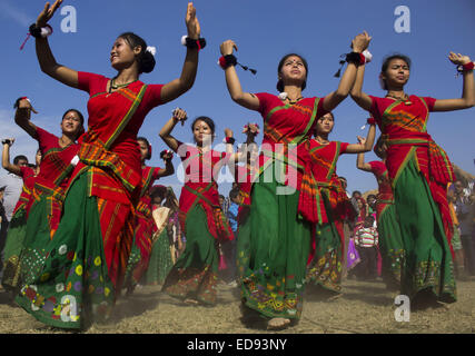 Sivasagar, Assam, India. 2nd Jan, 2015. Mishing tribal girls dance ...