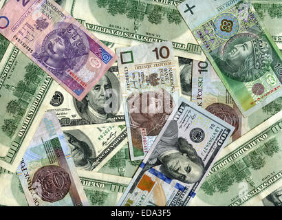 Polish zloty and US dollar banknotes. Money, large denomination. White ...