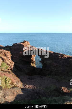Needle E'e rock arch in red sandstone Seaton Cliffs Angus Scotland ...